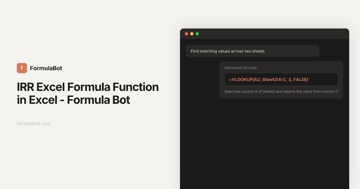 IRR Excel Formula Function in Excel - Formula Bot